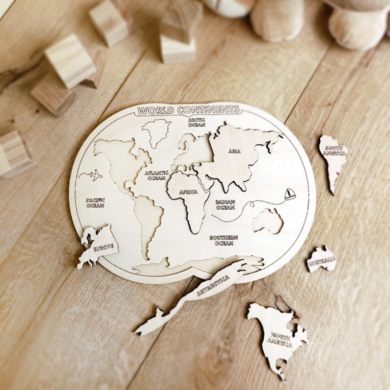 World map wooden puzzle, Montessori toy World Continents Wooden puzzles ...