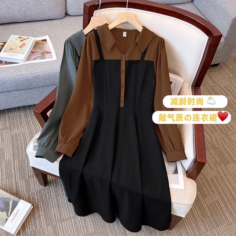 Korean fake two-piece color contrast dress New large single breasted ...