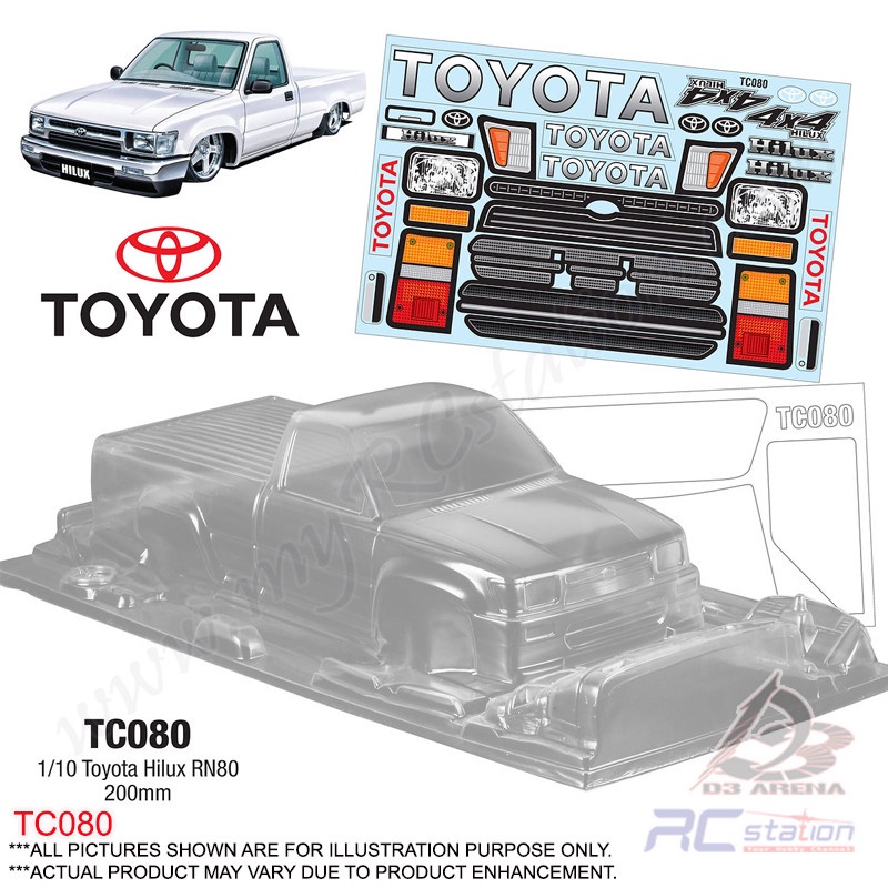 Team C Clear Body Shell TC080 1/10 Toyota Hilux RN80 (Width 200mm ...