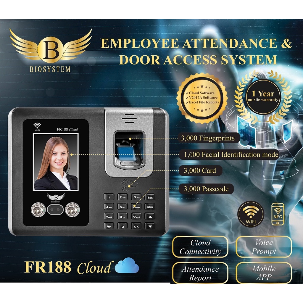 Biosystem FR188 Wifi Cloud Web Based Face Recognition & Fingerprint Time Attendance Recorder C/W ...