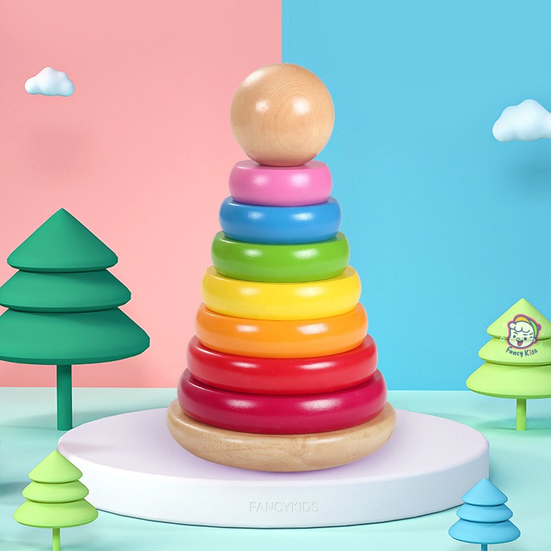 Premium Large Sized Baby Rainbow Stacking Ring Toy/Wooden Rainbow Tower ...