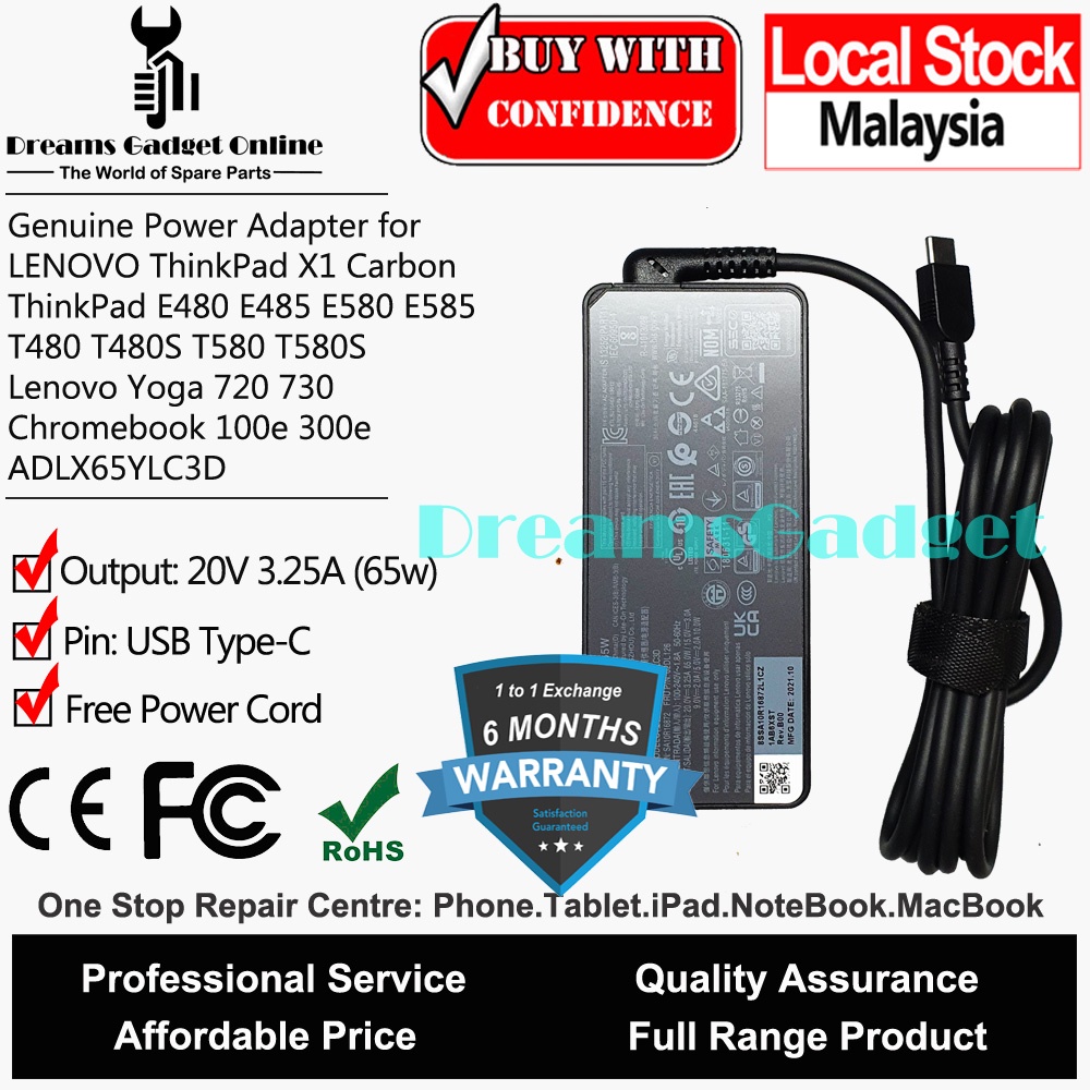 LENOVO ADLX65YLC3D 65W USB Type-C Notebook AC Power Adapter Charger for ...