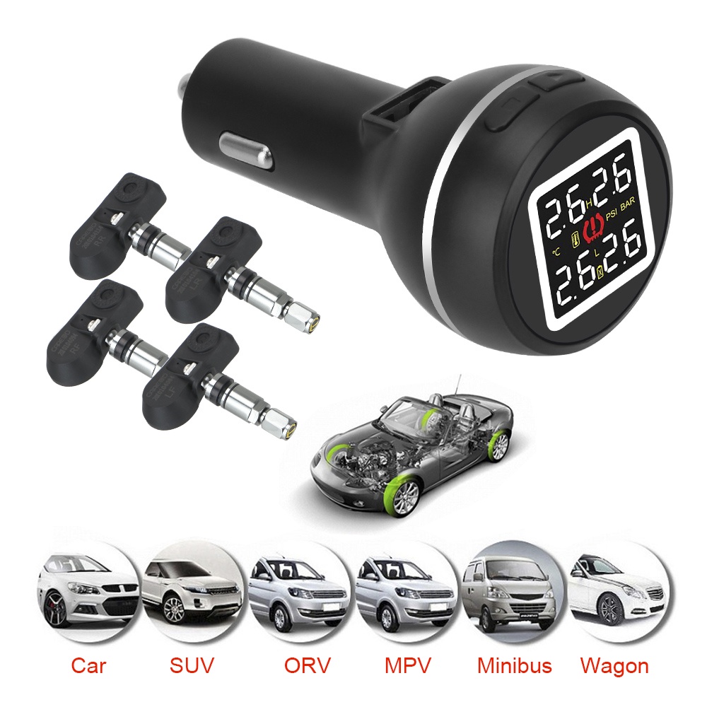 Car TPMS with 4 Internal Sensors Cigarette Lighter Plug Tire Pressure ...