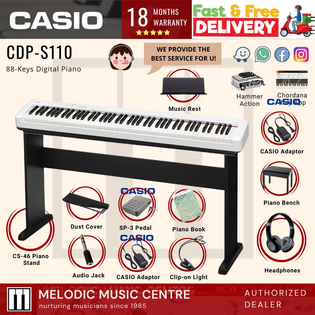 Casio CDP-S110 88 Keys Digital Piano PIANO PACKAGE WHITE (CDPS110 CDP ...