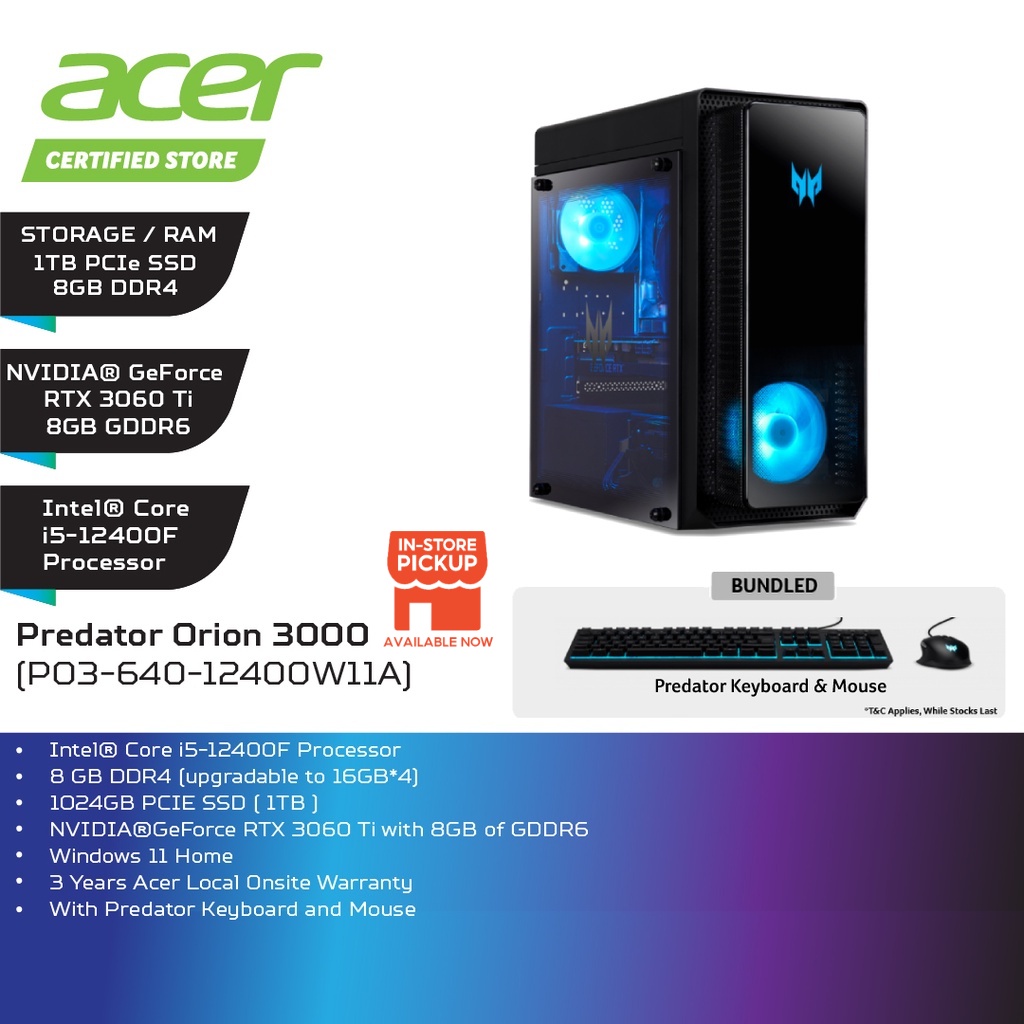 Acer Predator Orion 3000 Gaming Desktop PC (i5-12400F/8GB/1TB SSD/RTX ...