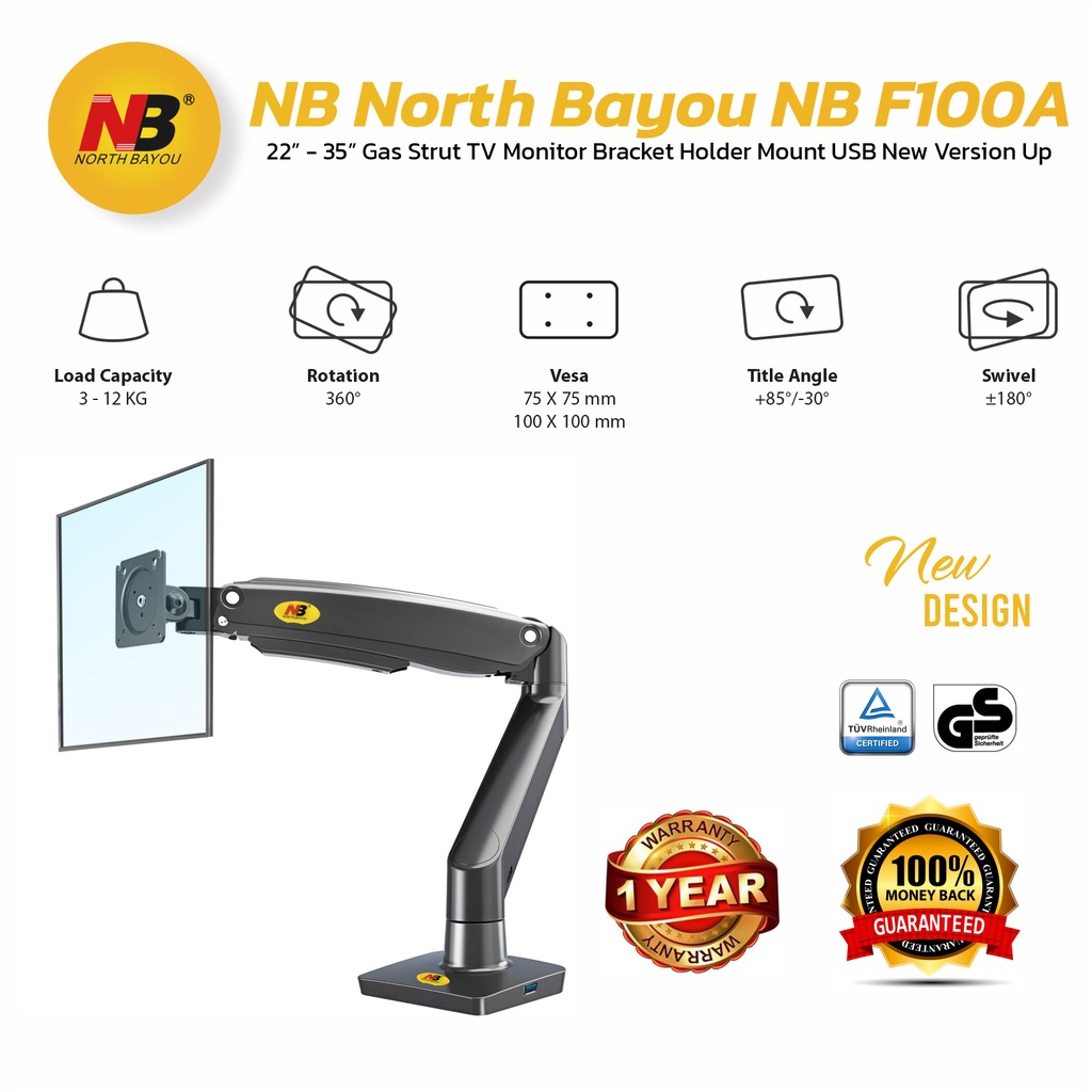 NB North Bayou F100A Gas Strut TV Monitor Bracket Holder Mount USB New ...
