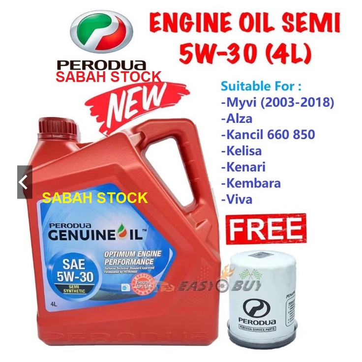 PERODUA 5W30 5w-30 Semi Synthetic Engine Oil 4L + Perodua Oil Filter 1pc myvi , alza, myvi lagi ...