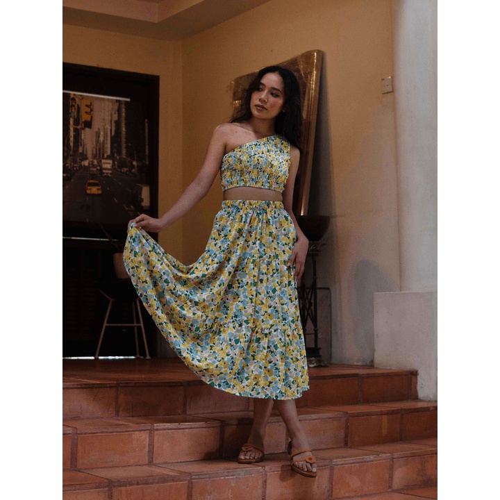 Luna Smocked One Shoulder Toga and Midi Skirt Co Ord Set in Green ...