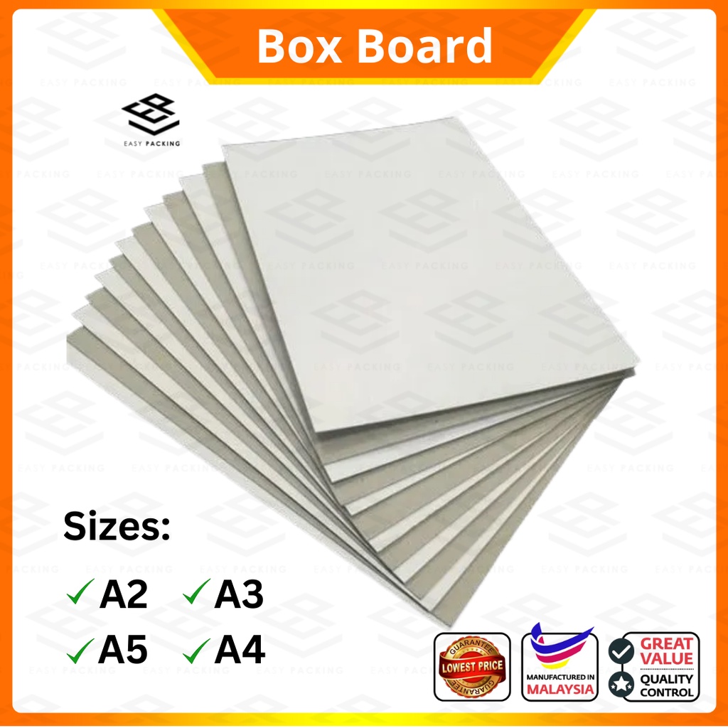 10pcs BOX BOARD ONE SIDE WHITE COATED & GREY BACK A2/ A3/ A4/ A5 WITH 270g/ 350g/ 450g | Shopee ...