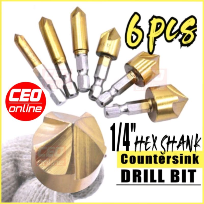 CEO 🇲🇾 6PCS Countersink Drill Bit Set 1/4'' Hex Shank 90 Degree Wood ...