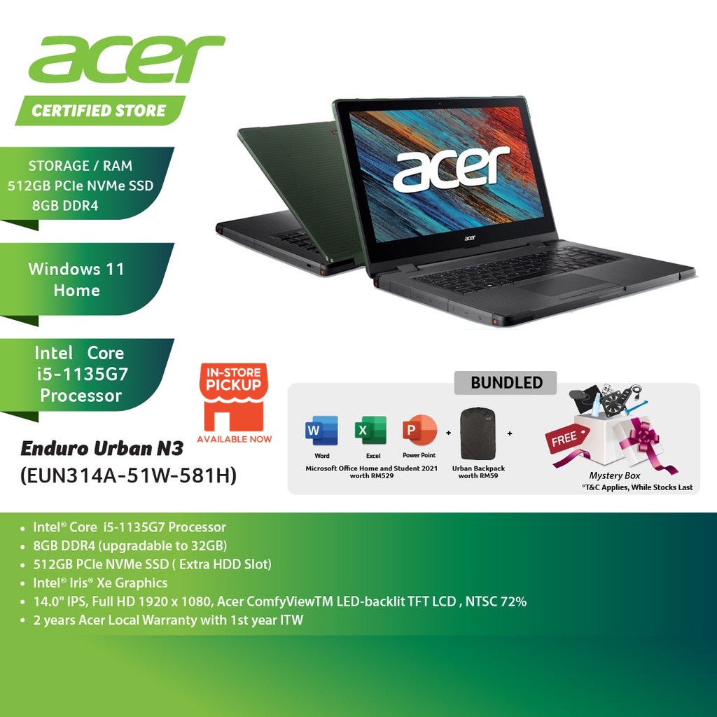 Acer Enduro Urban N3 EUN314A-51W-581H 14'' FHD Laptop Hunter Green ( i5-1135G7, 8GB, 512GB SSD ...