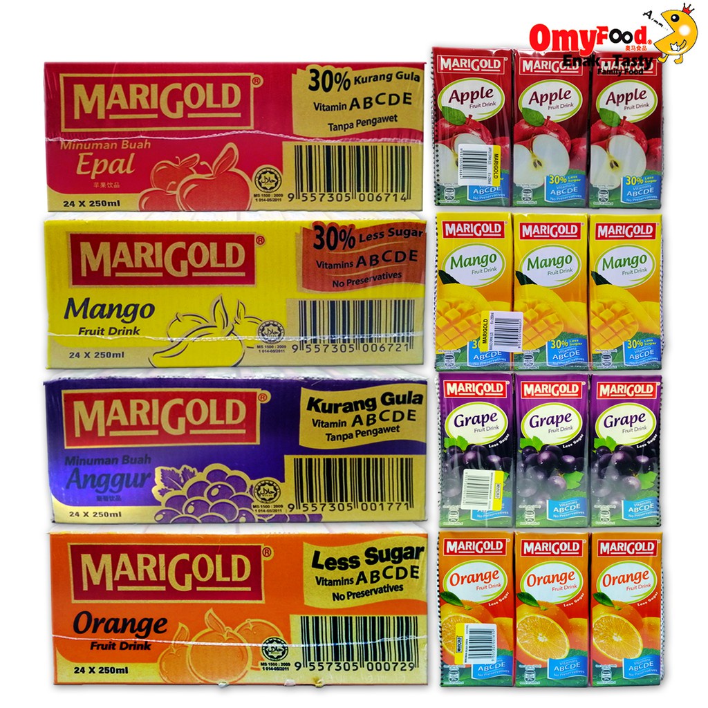 (1 Carton) 24packs x 250ml Marigold Fruit Drink [Apple / Mango / Grape ...