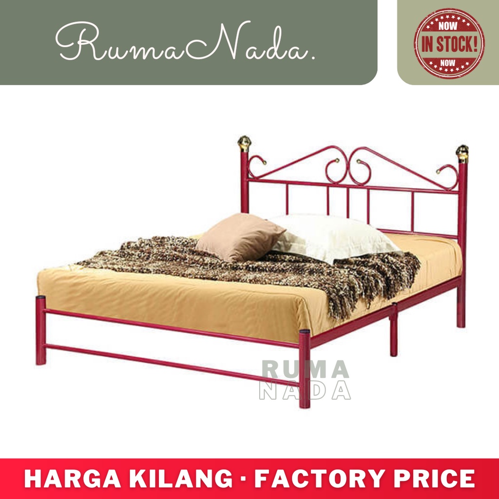 Queen Bed Metal Bed Frame Maroon / Double Bed/Bedroom Furniture / Katil ...