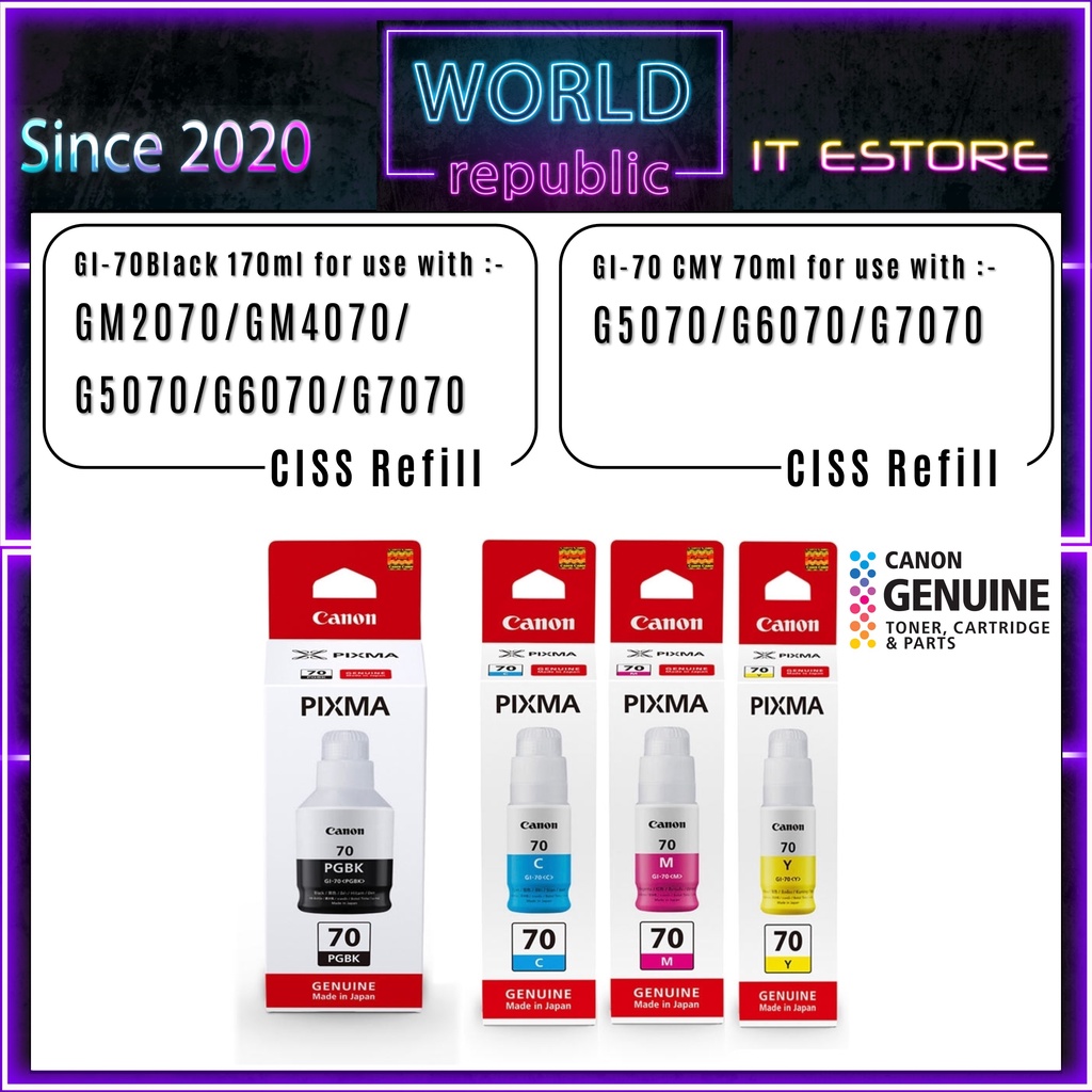 Canon GI-70 Bottle Ink Black Cyan Magenta Yellow (Original) GI70 GI 70 for GM2070 , G5070, G6070 ...