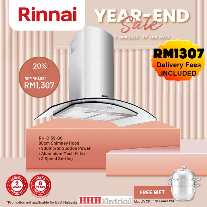 Rinnai 3 Speed Settings Cooker Hood RH-C139-GC 90cm Chimney Cooker Range Hood | Shopee Malaysia