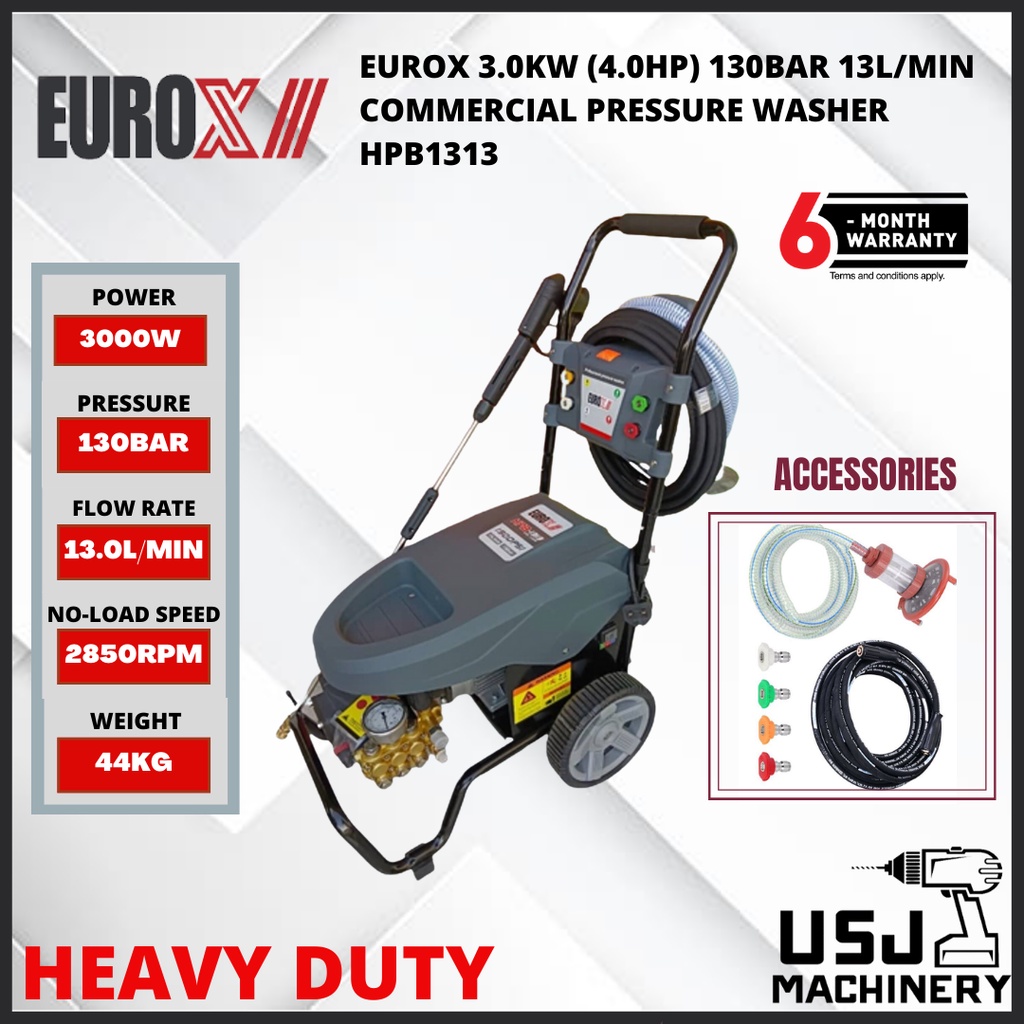 EUROX 3.0kW (4.0Hp) 130Bar 13L/min Commercial Pressure Washer HBP1313 | 6 Months Warranty ...