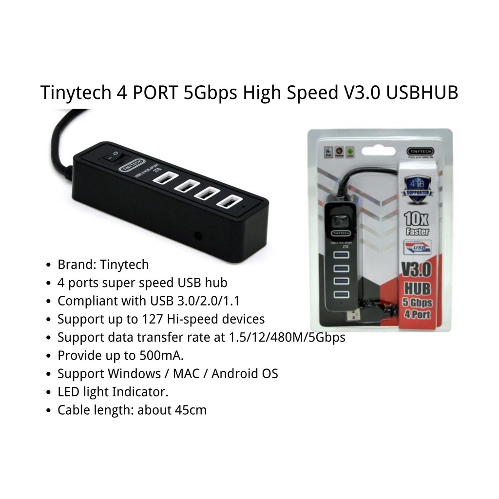 Tinytech 4 PORT 5Gbps High Speed V3.0 USBHUB (USBHUB-3405) | Shopee Malaysia