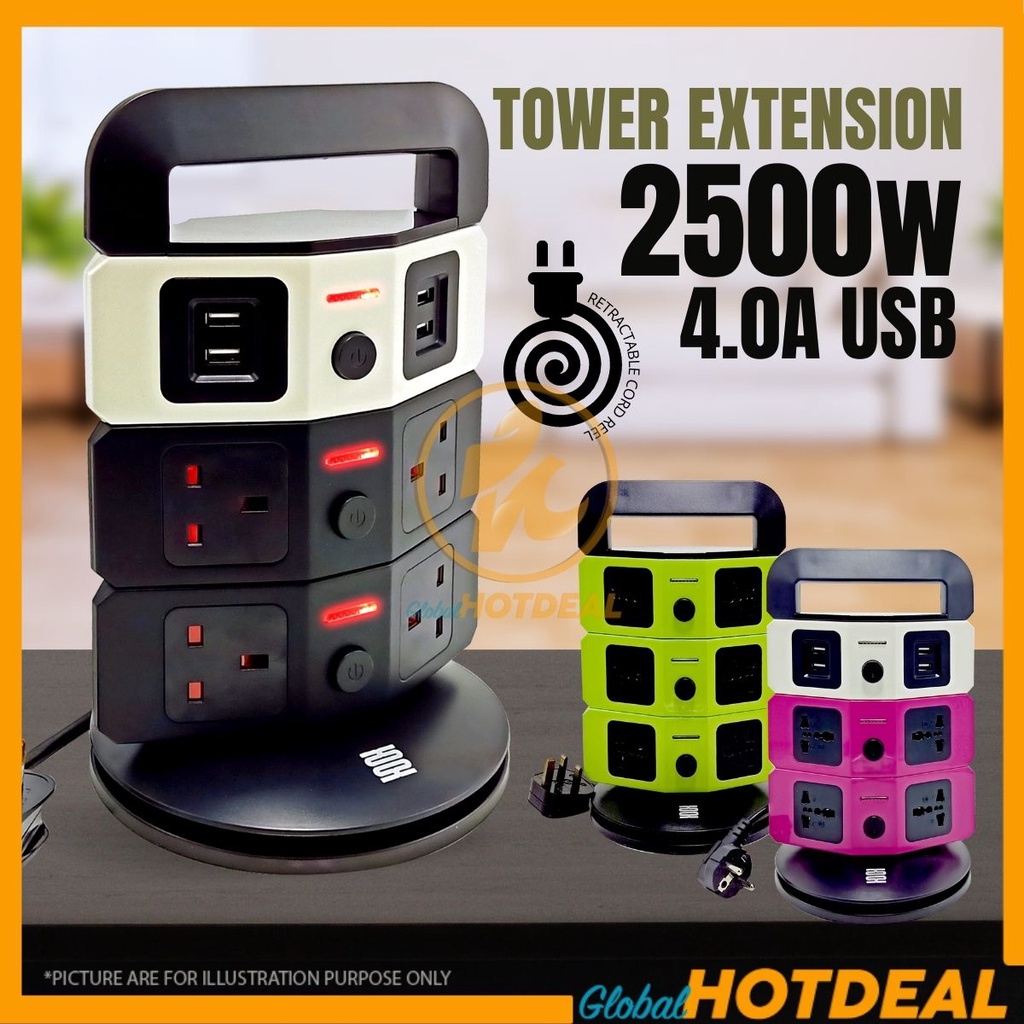 2m Ultra Thin Retractable Cord Vertical Socket Tower Portable Trailing Socket 3 Pin Plug 4x4 0a