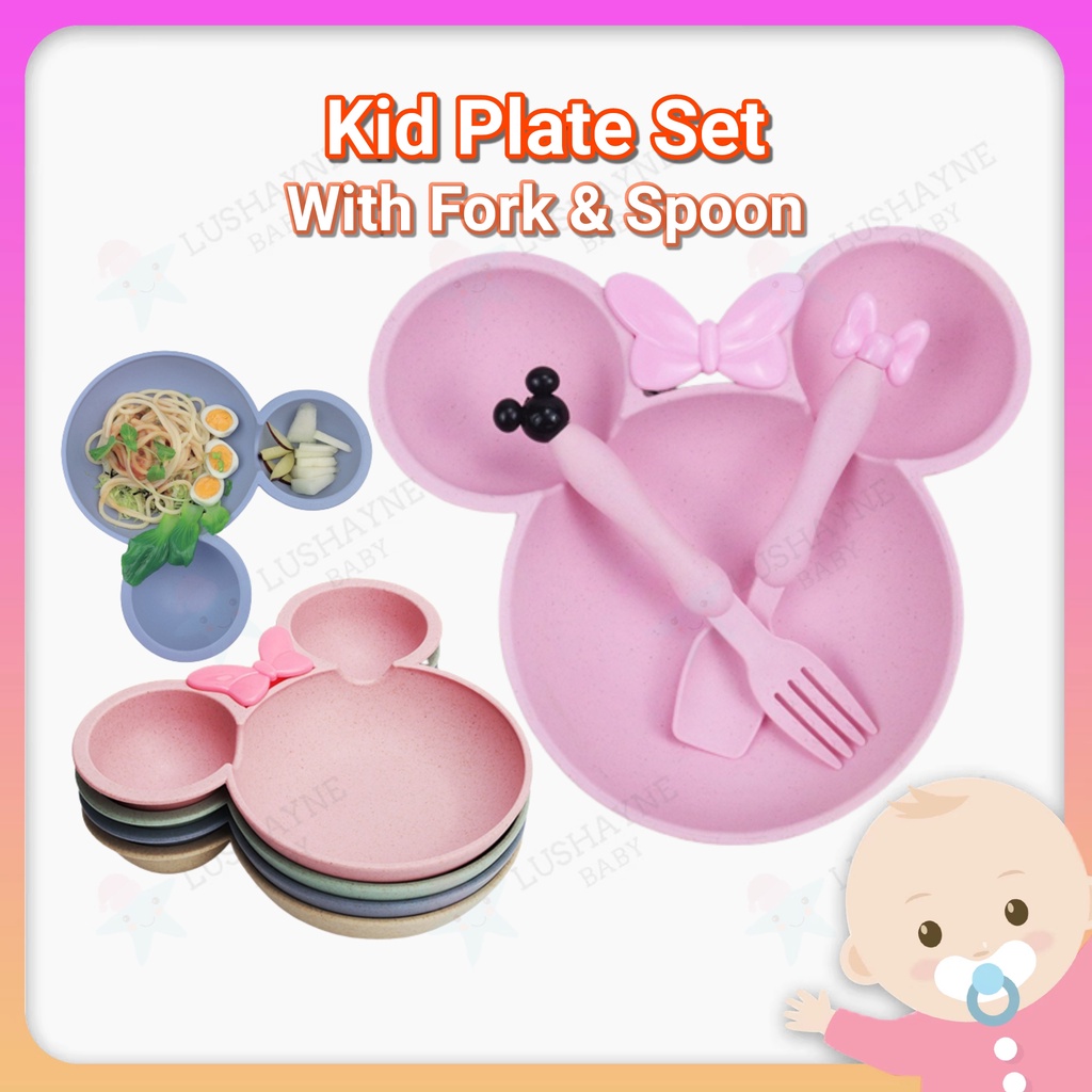 Baby Kid Children Training Plate Set Mickey Minnie Feeding Spoon Fork ...