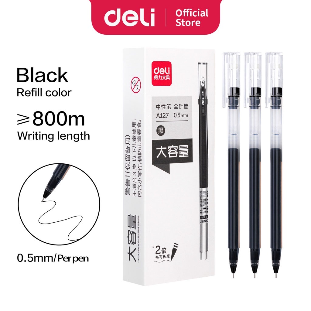 Deli Gel Pen A127 Black Ink Pen High-Capacity 0.5mm Needle Tube Student ...