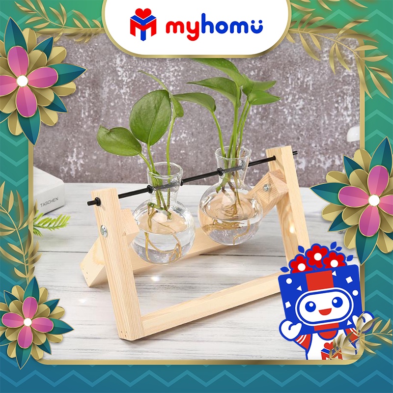 Hydroponics Plants Bulb Vase with Wooden Stand Glass Wood Vase Pasu ...