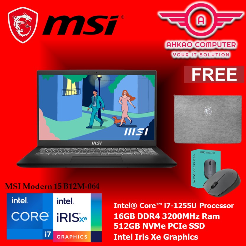 MSI Modern 15 B12M-064 15.6" FHD Laptop Classic Black ( I7-1255U, 16GB ...