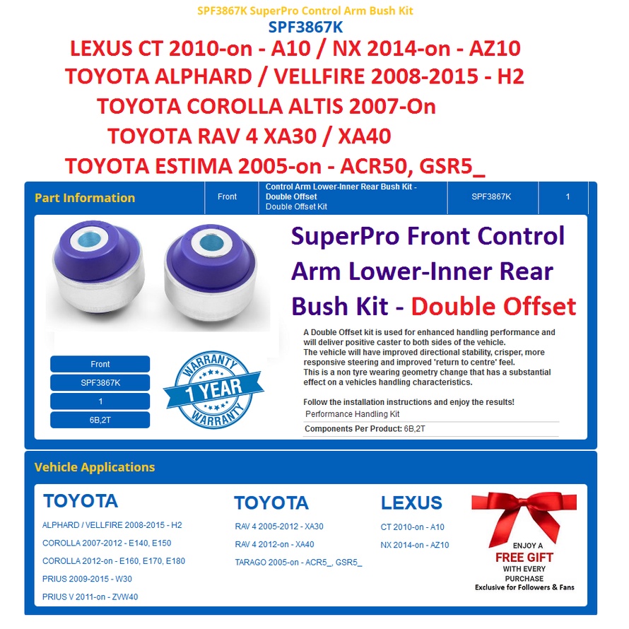 SUPERPRO BUSH ALPHARD ESTIMA VELLFIRE ALTIS LEXUS CT SPF3867K Control ...