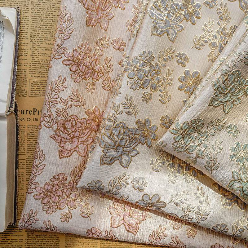 [1 Meter]Gold Silk Embossed Flower Fabric (3 Color) Floral Texture Kain ...