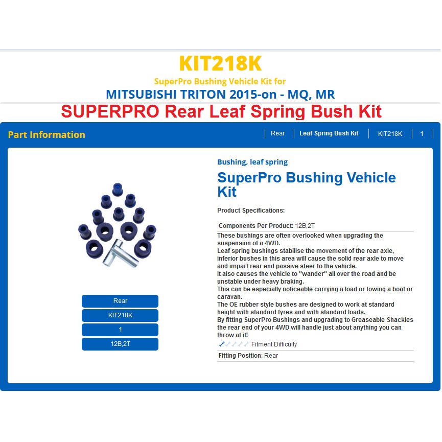 SUPERPRO Rear Leaf Spring Bush Kit KIT218K MITSUBISHI TRITON 2015-on ...