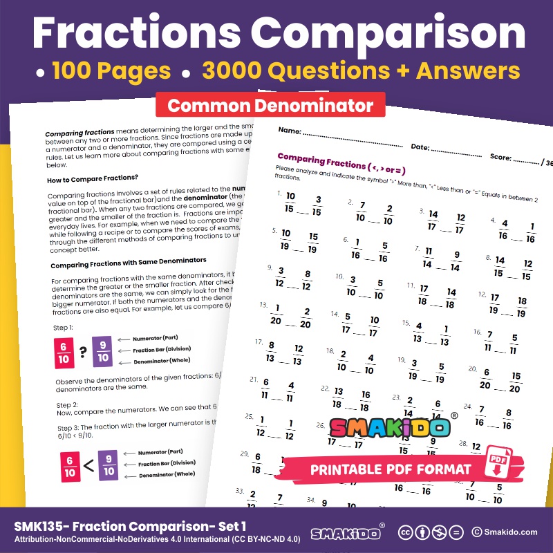 [ Soft Copy/ PDF ] Fractions Comparison Worksheets- 300 pages | 9000 ...