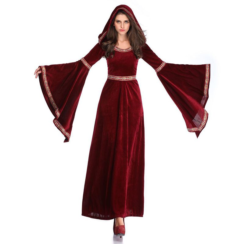 Witch Hooded Vampire Red Dress Wine Cosplay Halloween Carnival Costume ...