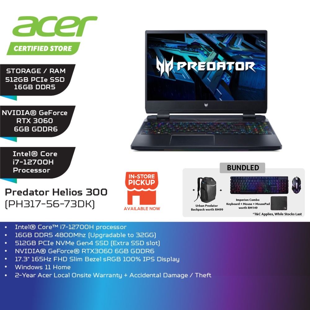Acer Predator Helios 300 PH317-56-73DK 17.3" FHD 165Hz Gaming Laptop ...