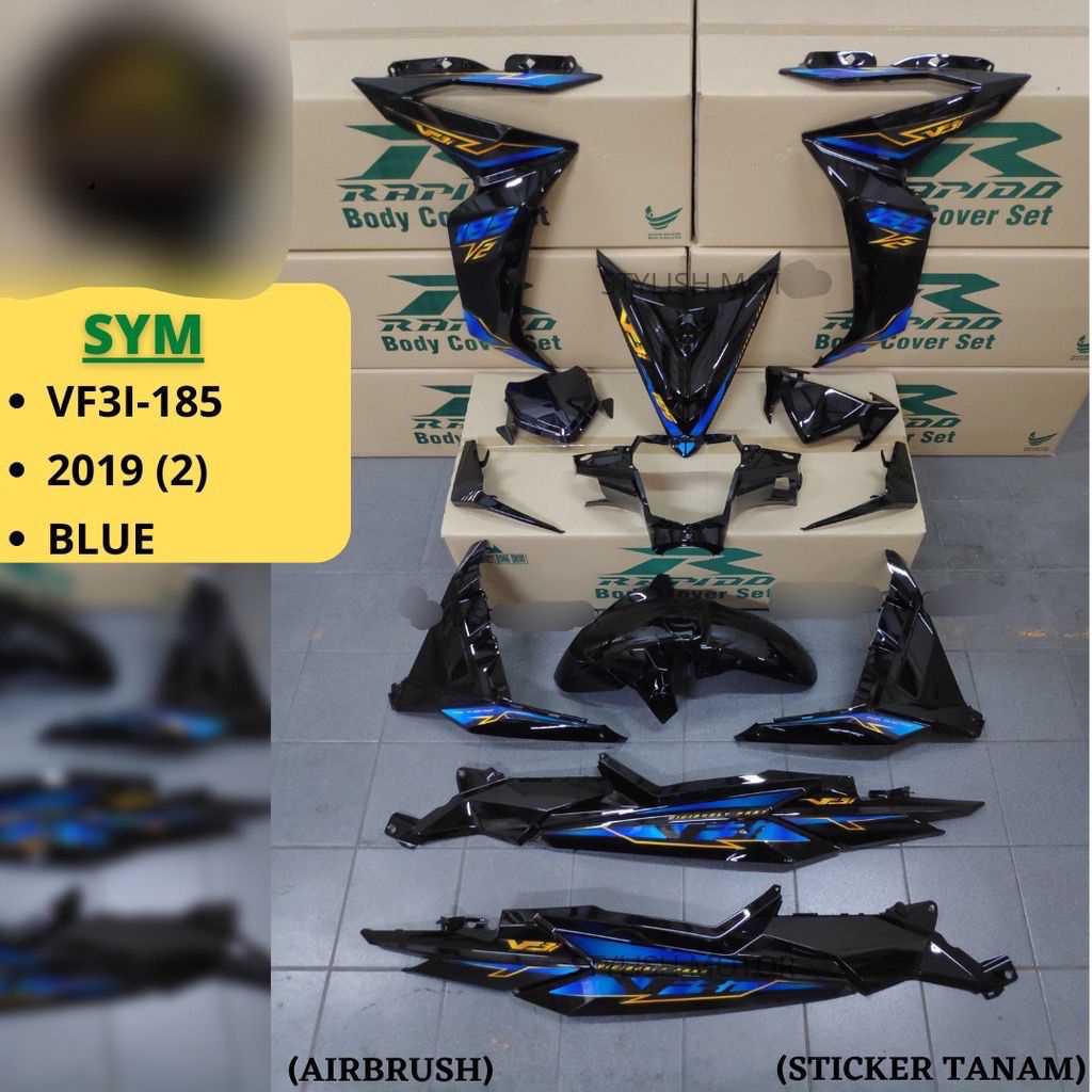 *(STICKER TANAM/AIRBRUSH) RAPIDO COVER SET SYM VF3 ABS LE V1 V2 V3 VF3I-185 2019 (2) BLUE ...