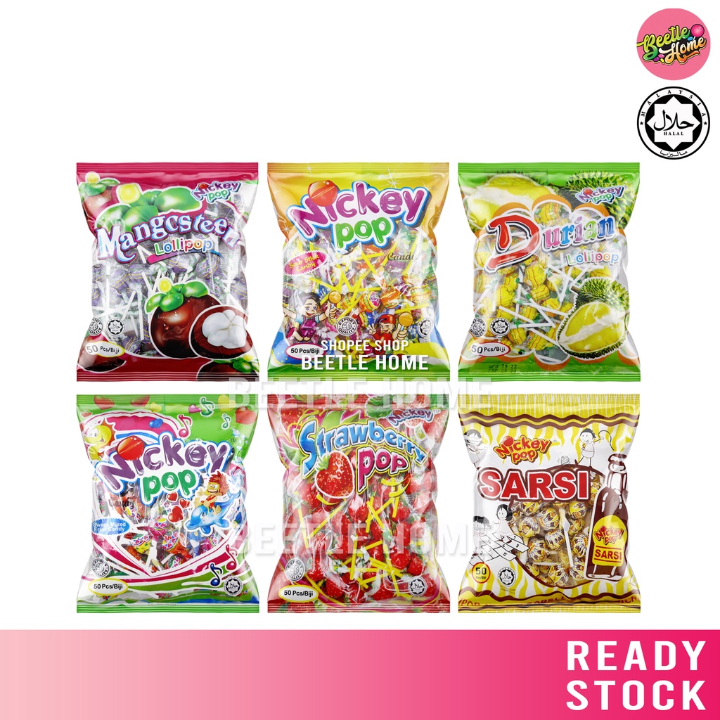 Nickey Pop Sarsi Lollipop Sour Stick Strawberry Candy 50Pcs Gula-gula Batang Chilhood Oldtime ...