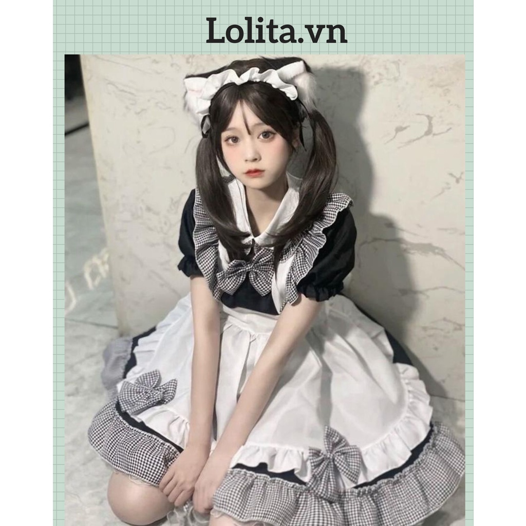 Lolita cosplay maid dress with cute checkered pattern, short maid SELF ...