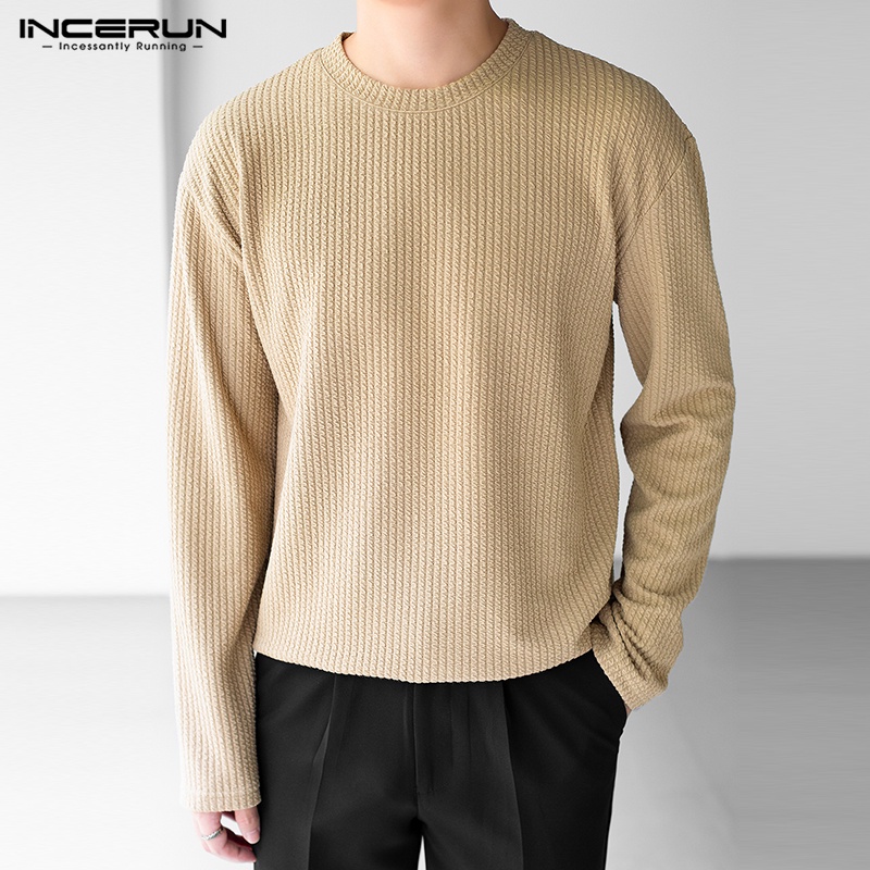 INCERUN Mens Long Sleeve Crew Neck Plain Pullover Loose Sweater T ...