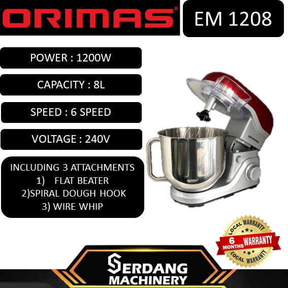 ORIMAS EM1208 Food Stand Mixer 6-Speed 1200W 8 Liter Stainless Steel ...
