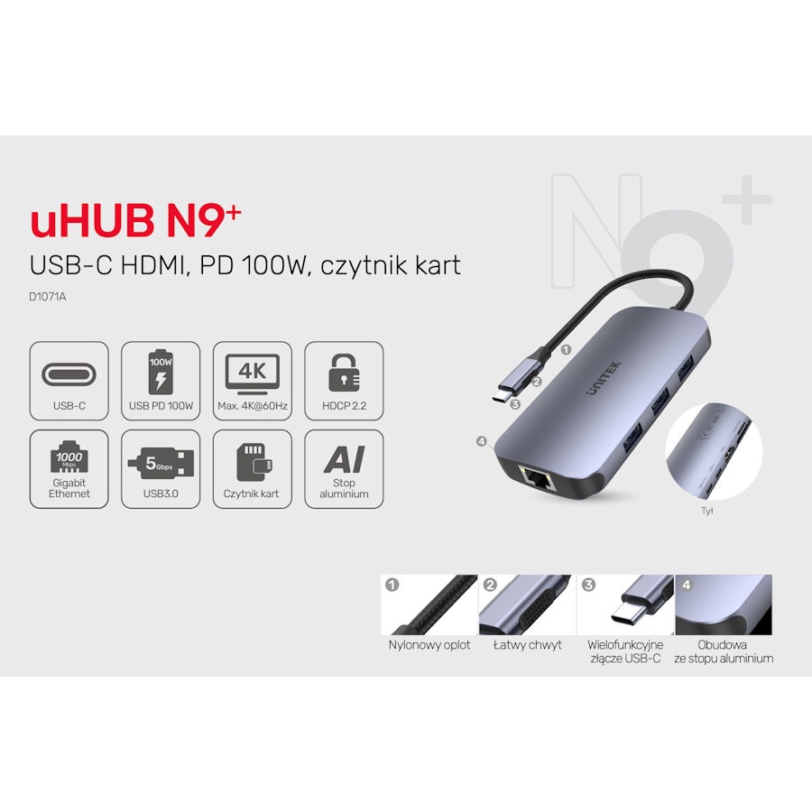 Unitek uHUB N9+ 9-in-1 USB-C Ethernet Hub with HDMI, 100W Power ...