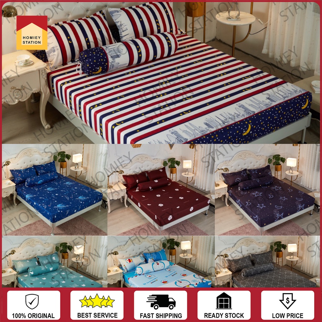 Premium Cotton 4in1 King/4in1 Queen/2in1 Single Fitted Bedsheet Sets Cadar Getah Keliling Sarung ...