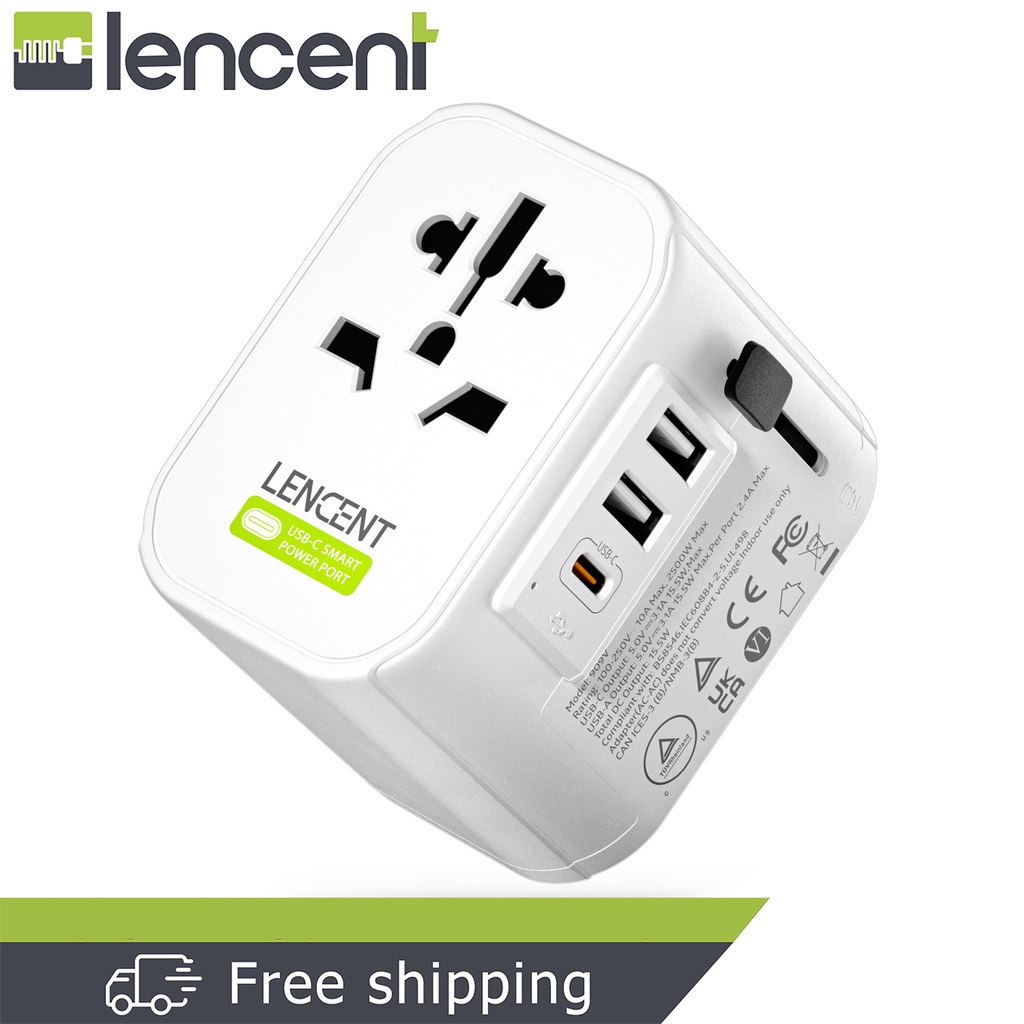 LENCENT Grounded Universal Travel Adaptor Plug with 2 USB Ports and 1 ...