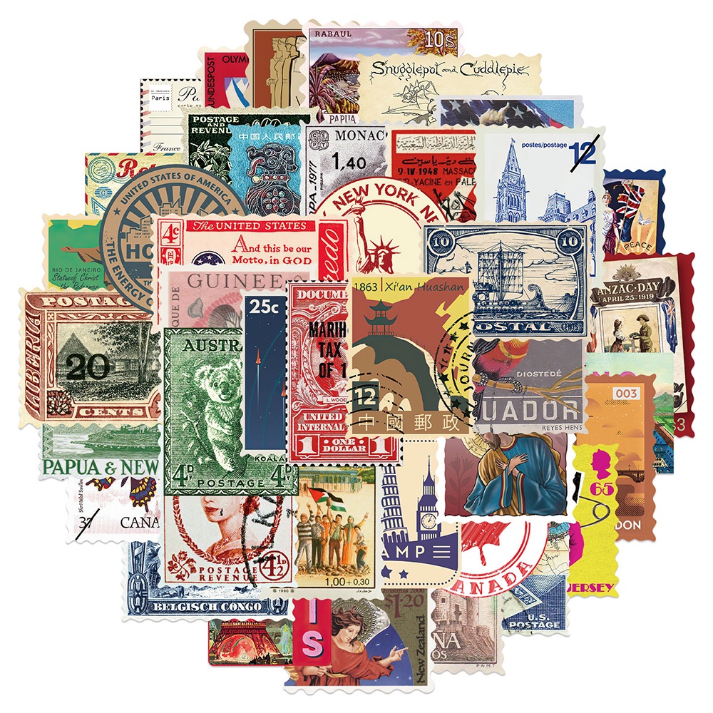 50pcs Vintage Retro Travel Stamp Stickers Scrapbook Phone Laptop Guitar ...