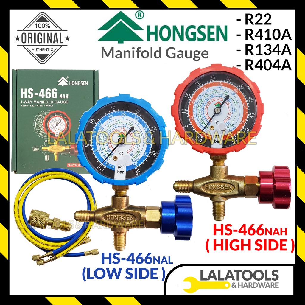 Hongsen Manifold Gauge Aircond HS-466NAL/NAH for R410a/R22/R134a/R404a/R32 low high side single ...
