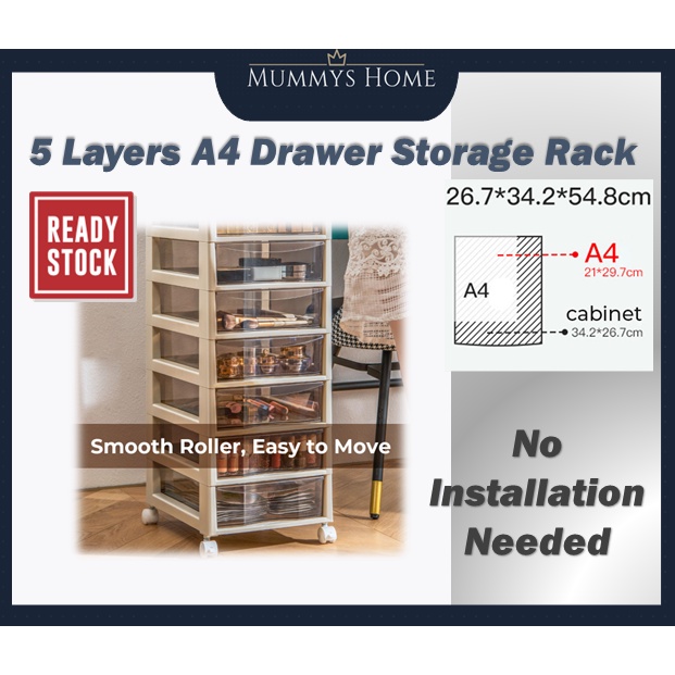 Premium5 Tier A4 Drawer Storage Rack With Wheels Home Drawer A4 File ...