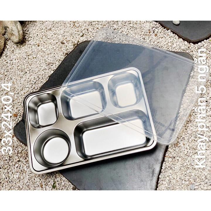 Deep 5-compartment stainless steel rice tray with plastic lid (large ...