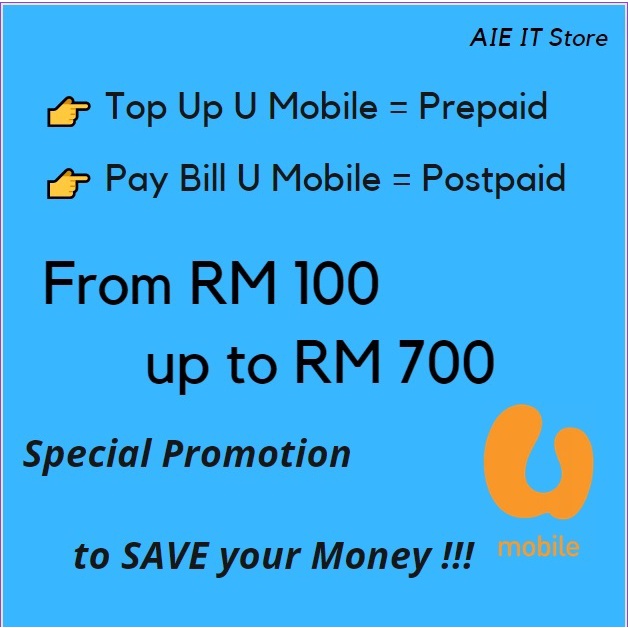 Umobile RM 100 to RM 700 / Top Up Reload Prepaid / Postpaid Bill ...