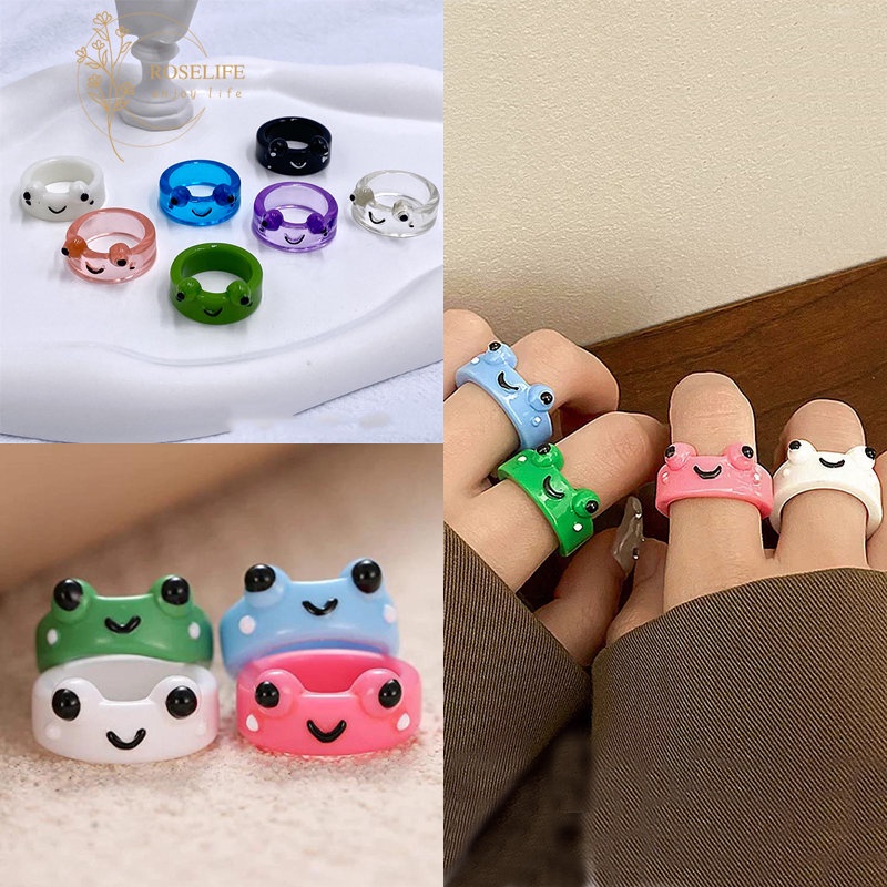 Roselife Cute Transparent Pink Green Frog Rings for Couples Friends ...