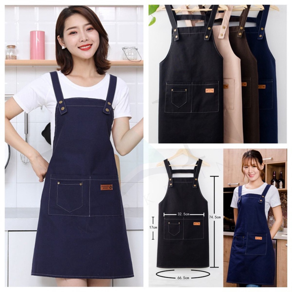 Korea Style Apron Kitchen H-Type Strap Denim Unisex With Front Pocket ...