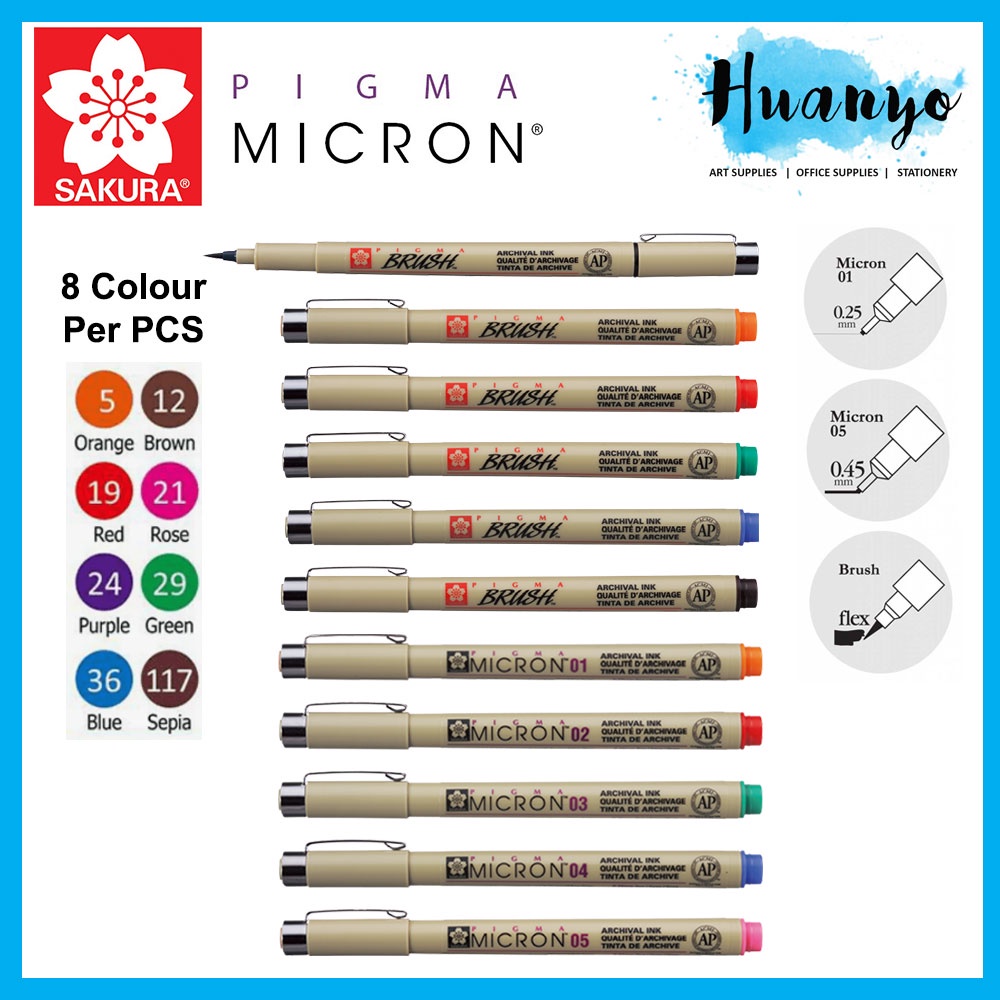 Sakura Pigma Micron Technical Drawing Pen Colour Ink (Size 01/05/BR ...