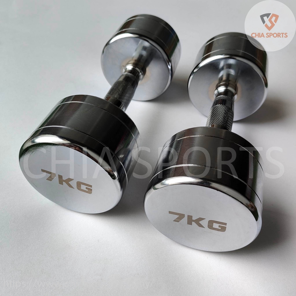 Chrome Steel Dumbbell 7kg with Contoured Handle Weight Round Dumbbells ...