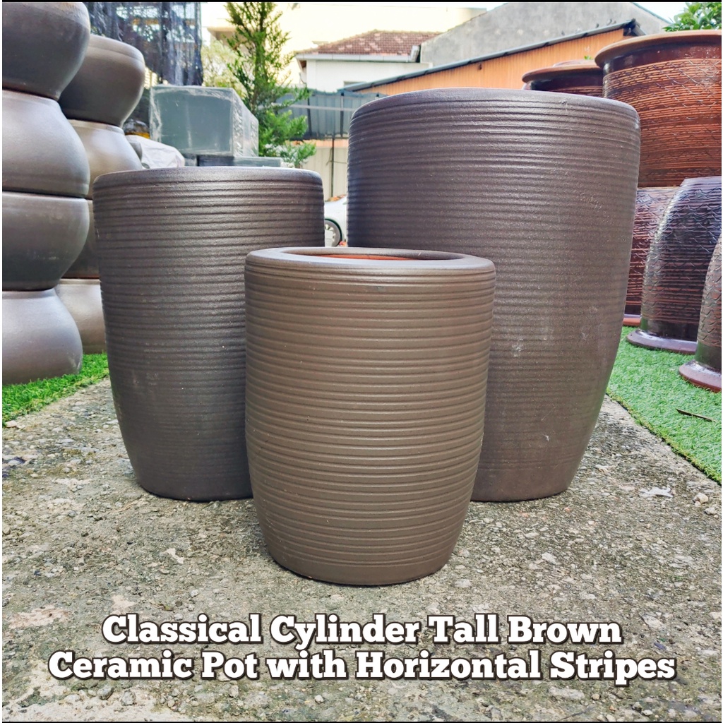 GPS XTRA Large Cylinder Tall Brown Ceramic Pot with Horizontal Stripes ...